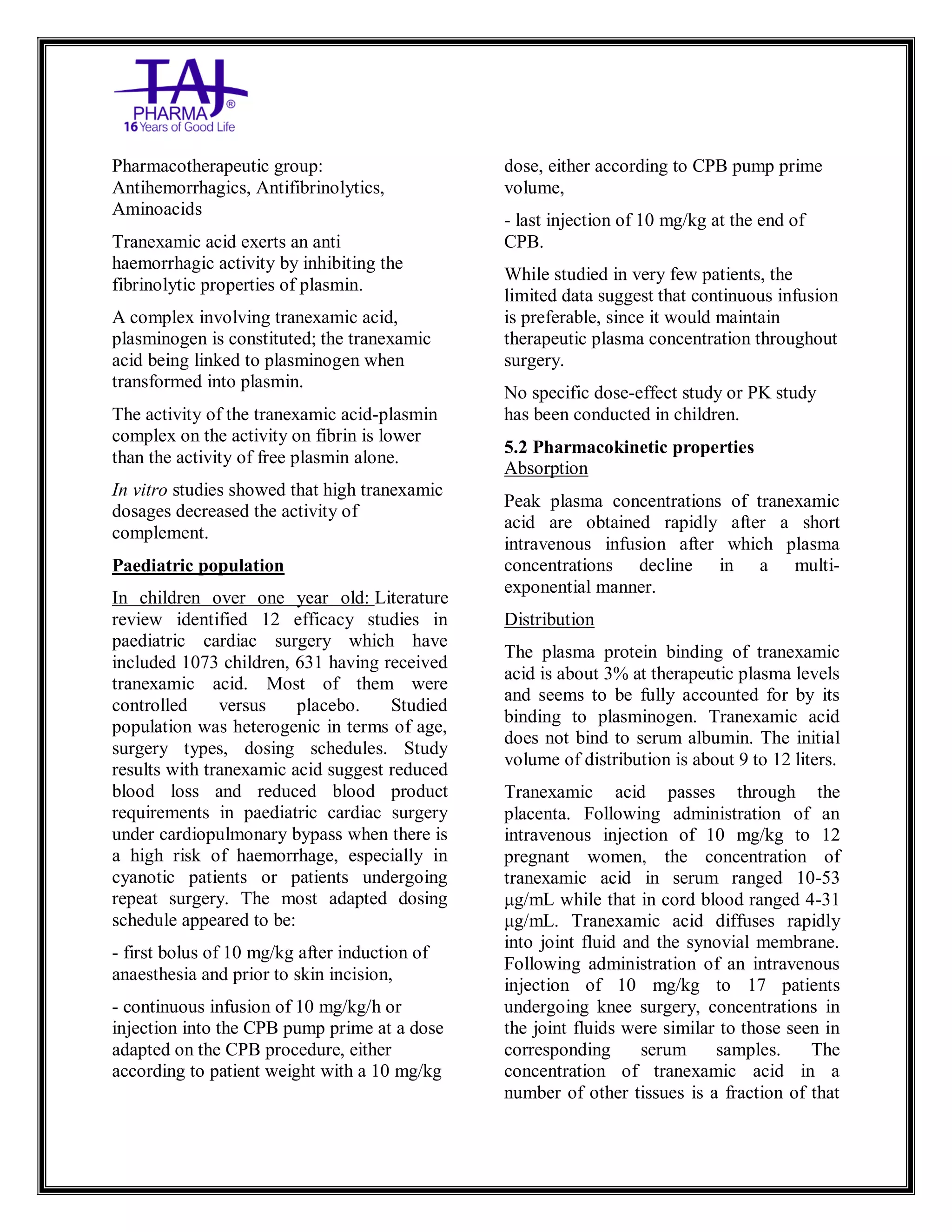 Tranexamic Acid Injection BP Taj Pharma SmPC | PDF