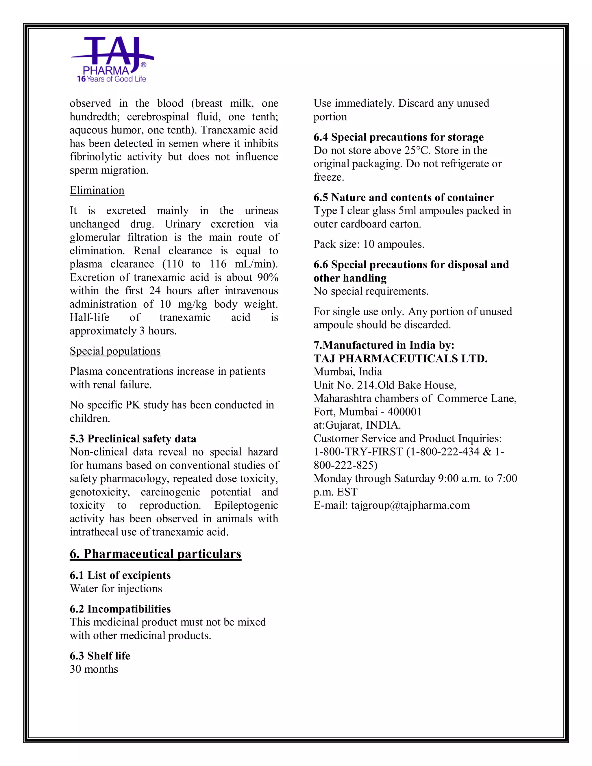 Tranexamic Acid Injection BP Taj Pharma SmPC | PDF