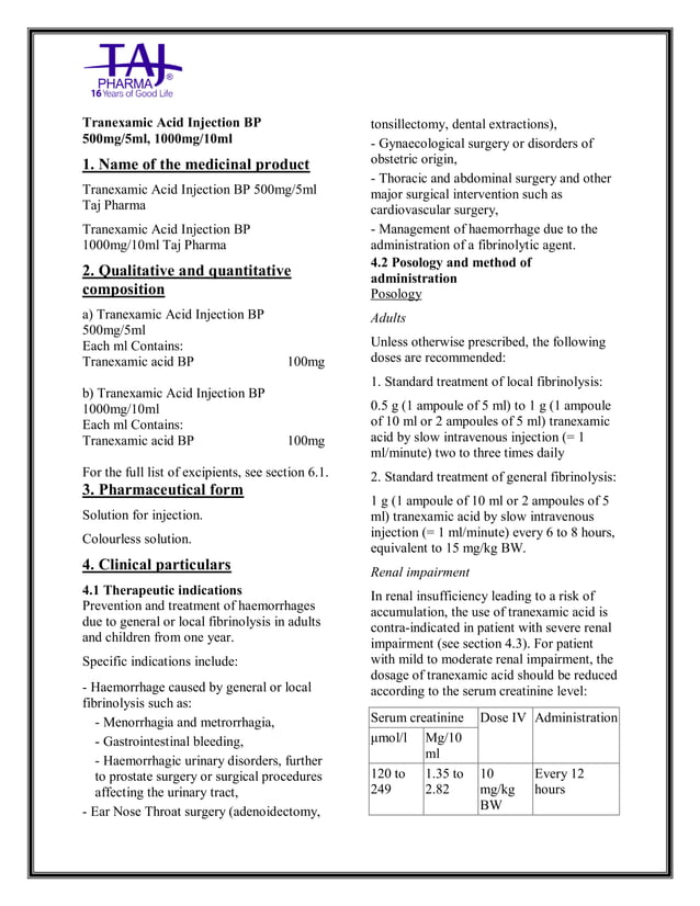 Tranexamic Acid Injection BP Taj Pharma SmPC | PDF