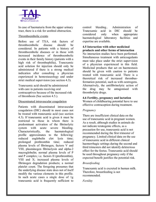 Tranexamic Acid Injection BP Taj Pharma SmPC | PDF