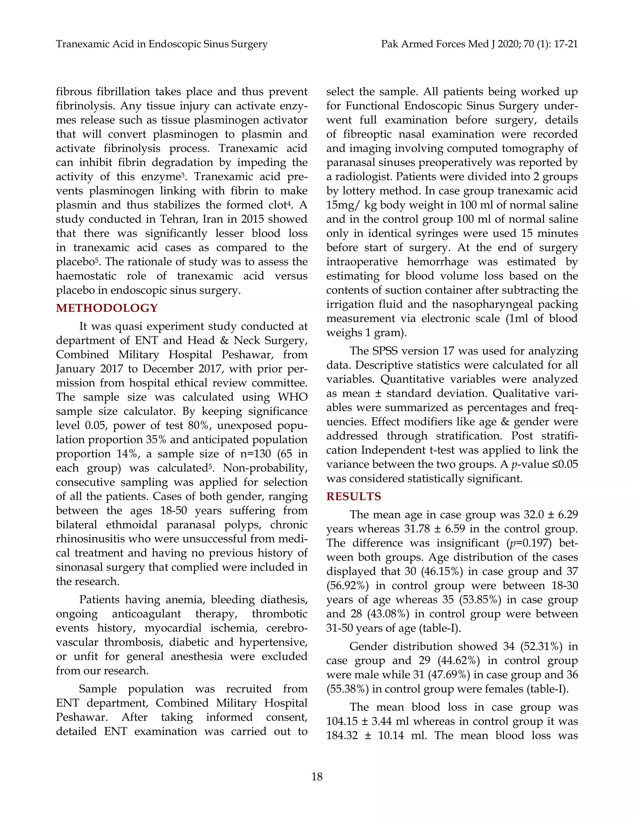 Tranexamic Acid in Endoscopic nasal Sinus Surgery | PDF