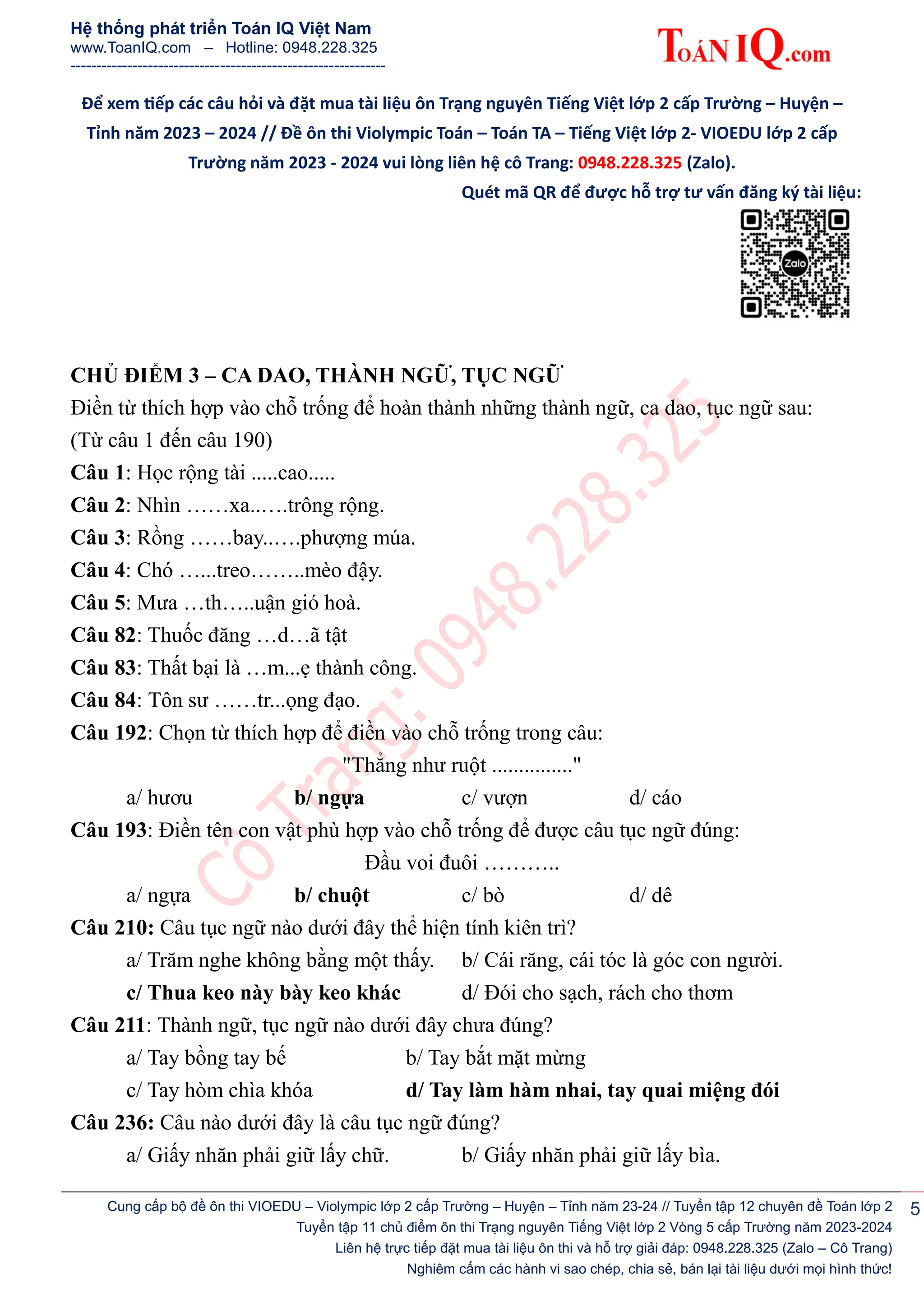 Trạng nguyên Tiếng Việt lớp 2 cấp Trường năm 2023 - 2024 theo 6 chủ điểm ôn thi | PDF