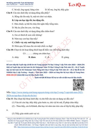 Trạng nguyên Tiếng Việt lớp 2 Vòng 7 cấp Tỉnh năm 2023 - 2024 ôn tập theo 10 đề thi (THI HỘI) | PDF