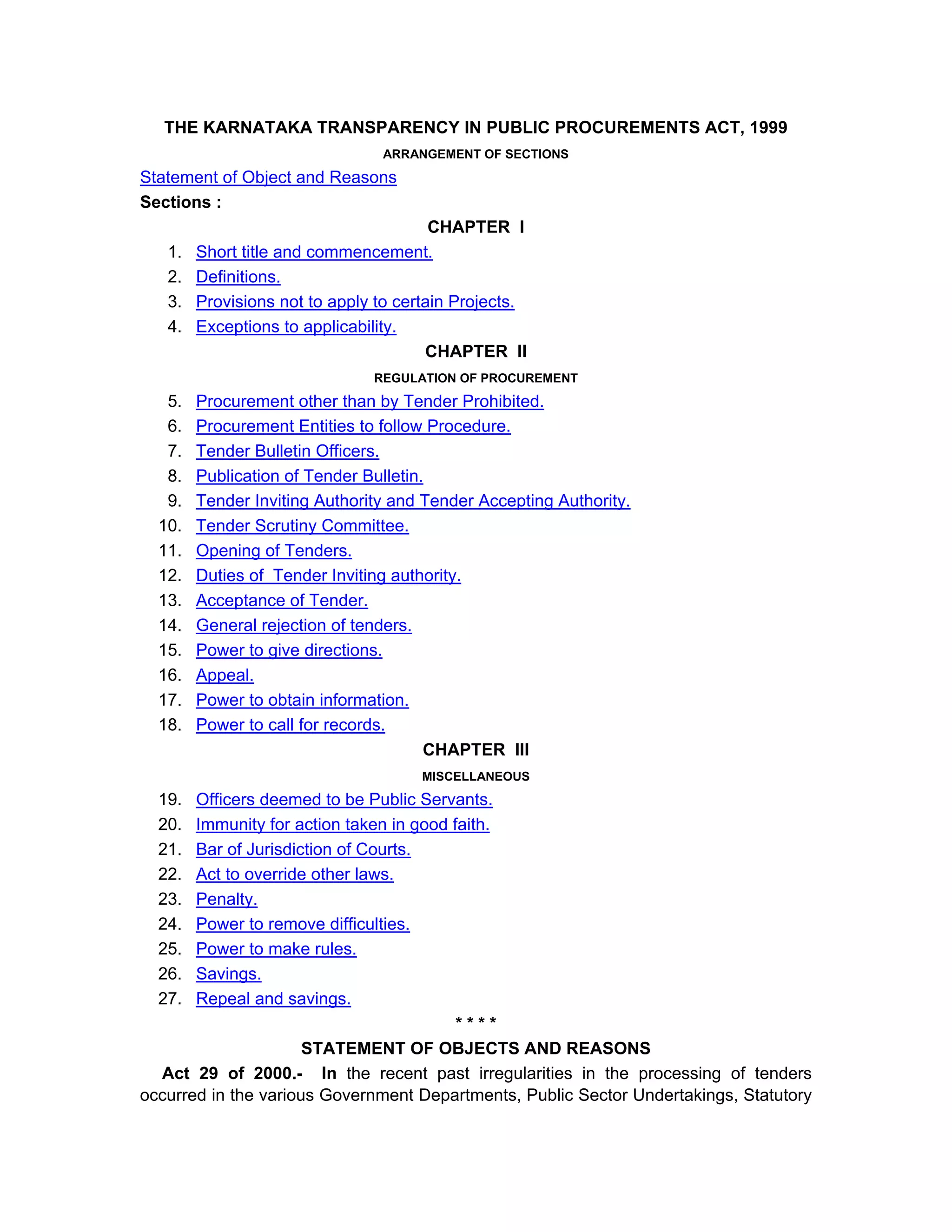 THE KARNATAKA TRANSPARENCY IN PUBLIC PROCUREMENTS ACT, 1999 | PDF