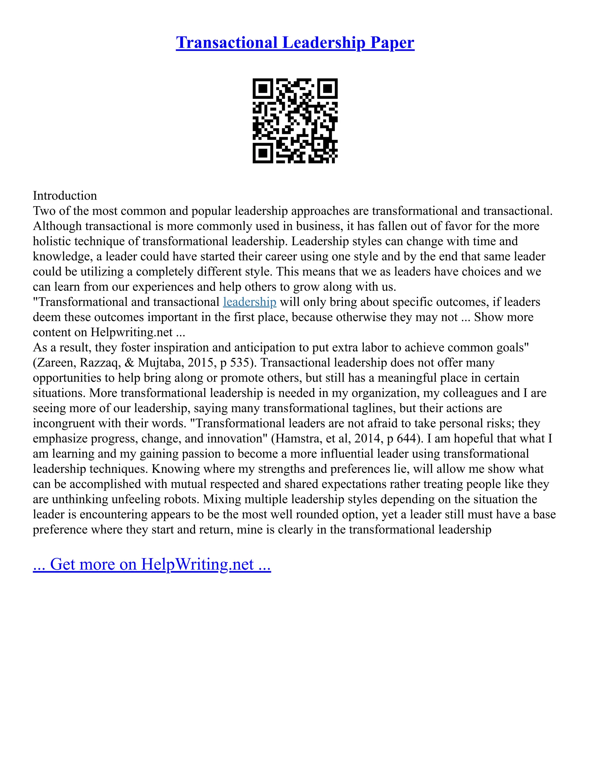 Transactional Leadership Paper | PDF