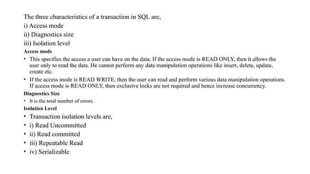 Transaction characteristics in SQL-DataBase Management system | PPT | Free Download