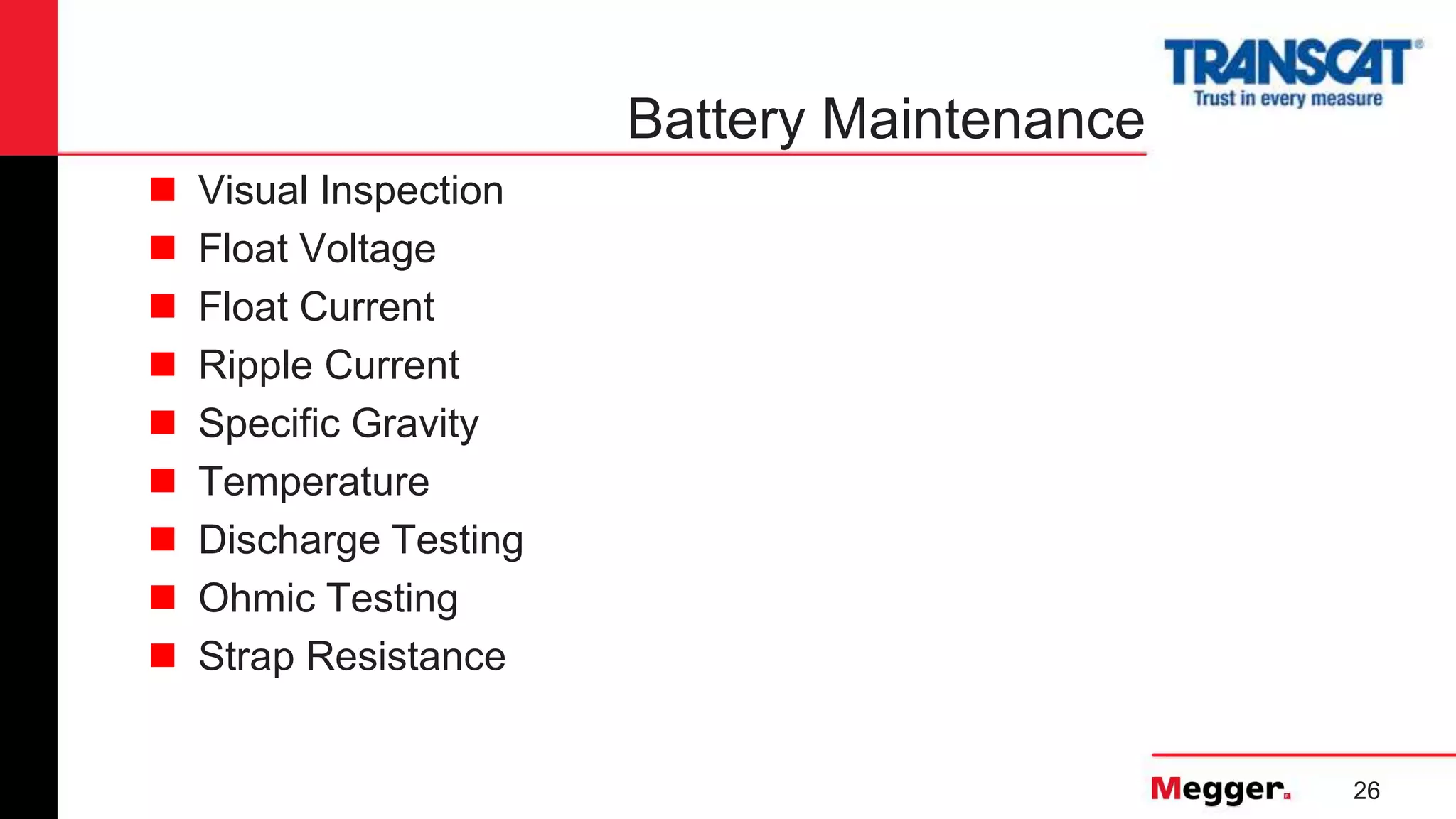 Battery Testing 101 by Megger and Transcat | PPTX