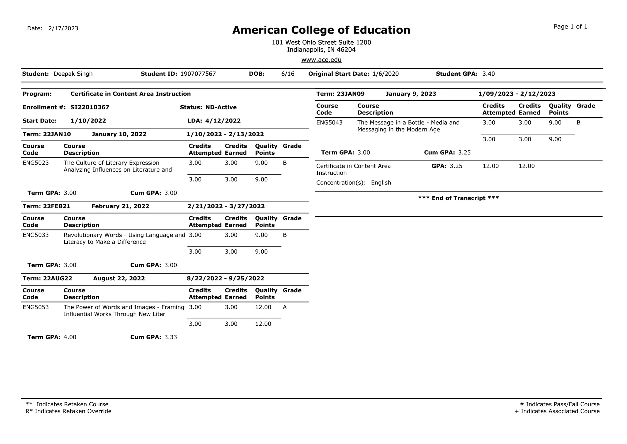 American College of Education Transcript of Deepak Danny Singh February ...