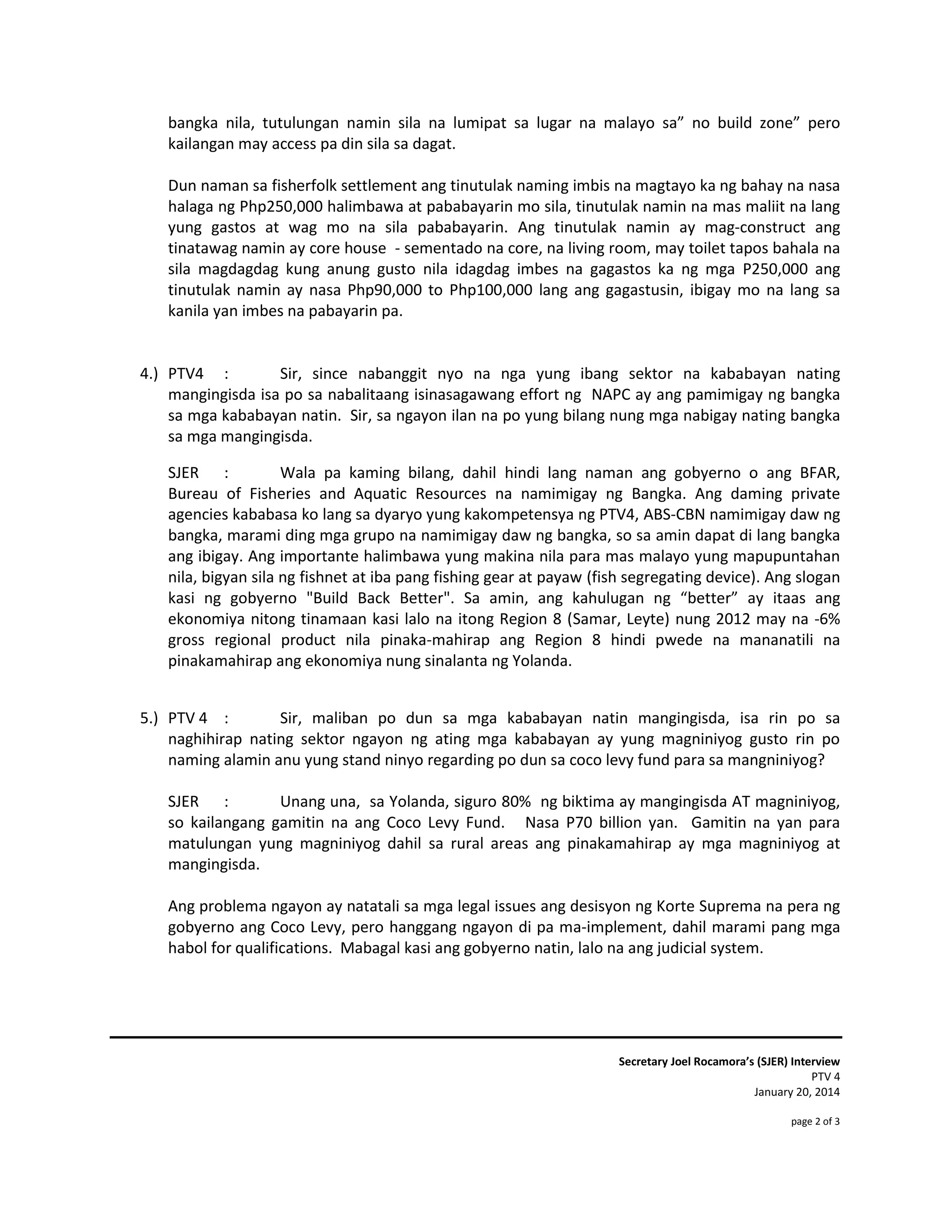 Transcription SJER interview ptv4 updates on yolanda and coco farmers ...