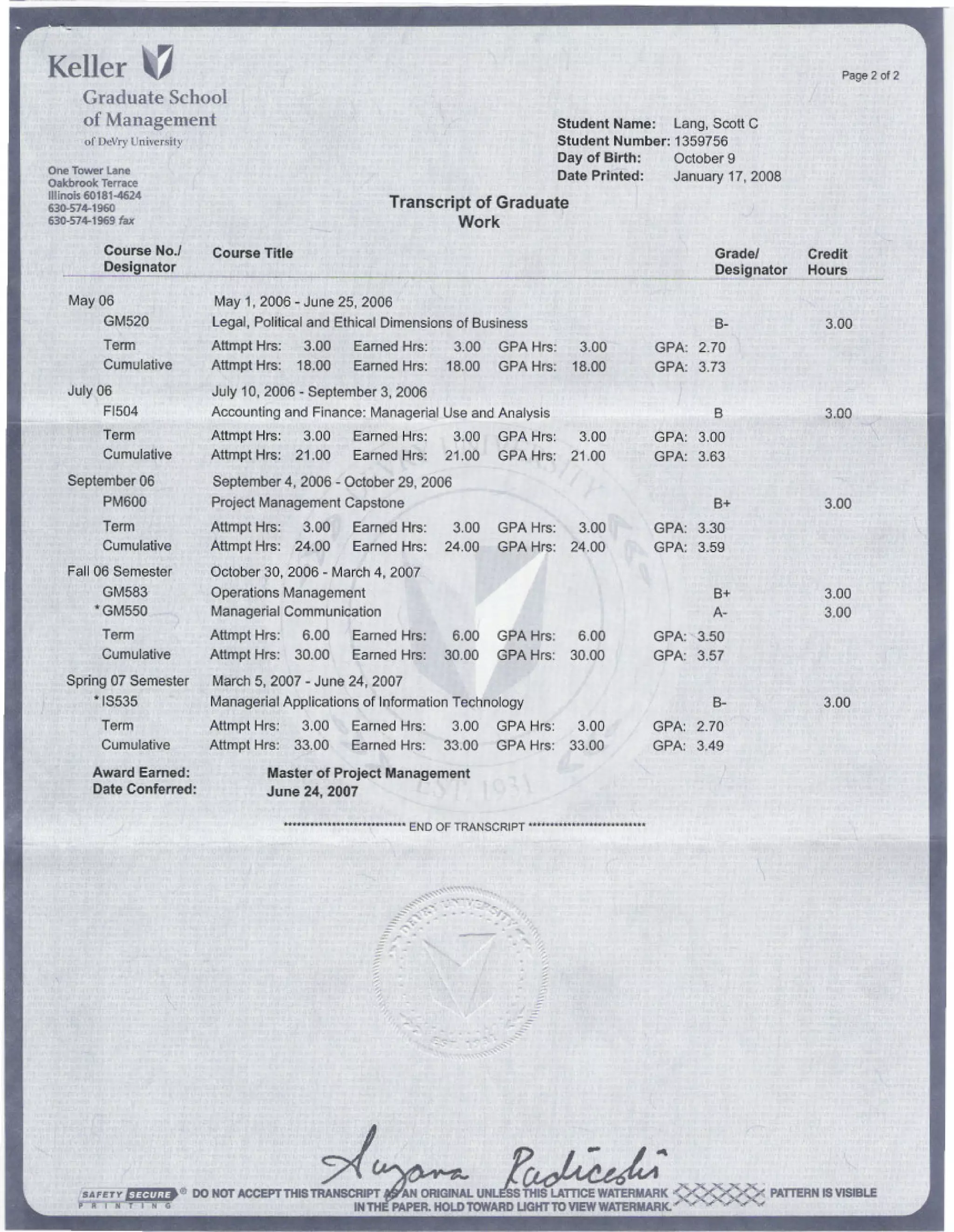 Transcript Master\'s Degree | PDF