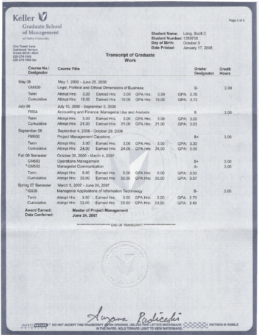 Transcript Master s Degree Transcript Master s Degree