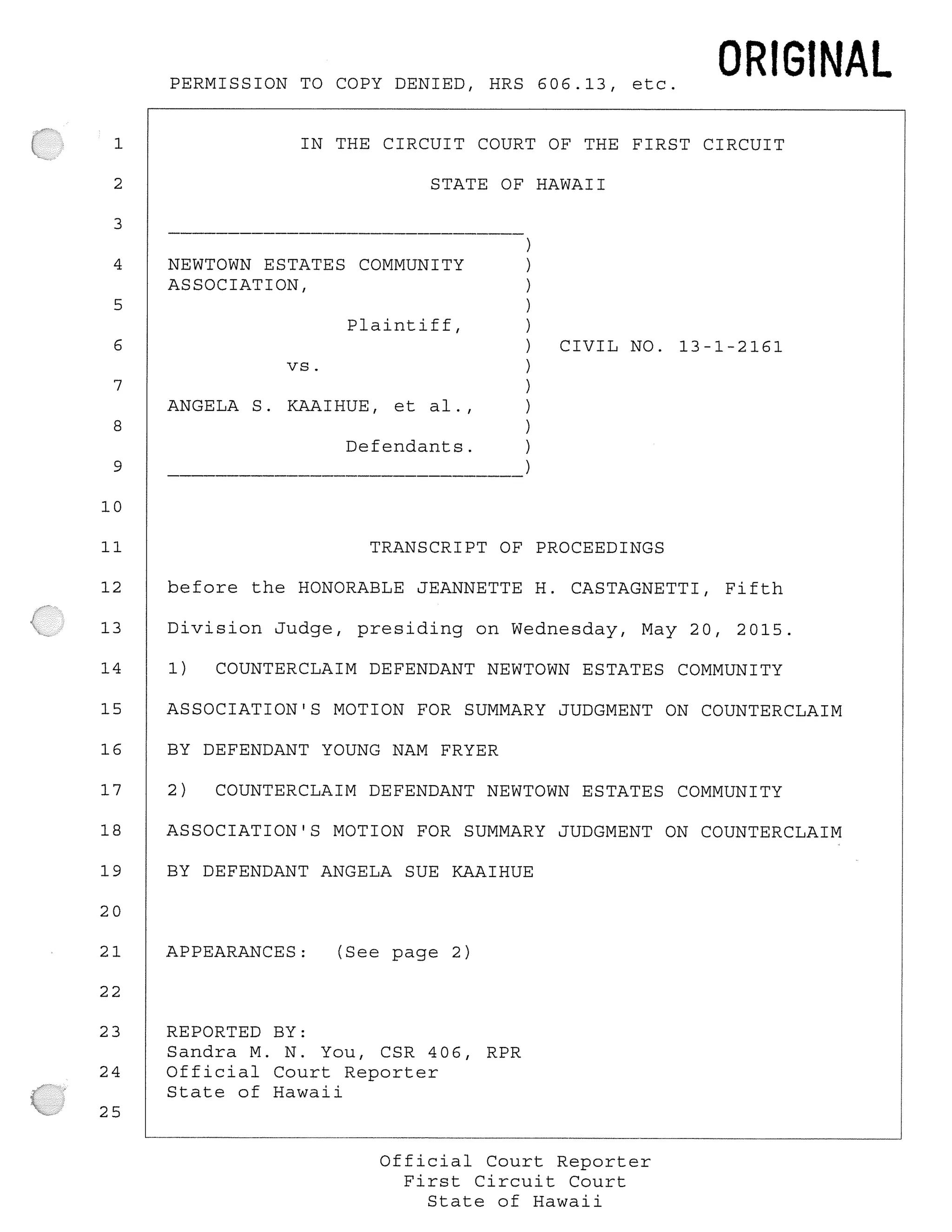 Transcript of HAWAII CIVIL CASE 13-1-2161 NECA -vs- Angela Kaaihue ...