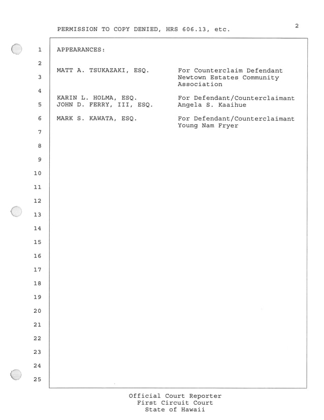 Transcript of HAWAII CIVIL CASE 13-1-2161 NECA -vs- Angela Kaaihue ...