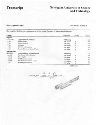 Sigve Hamilton Aspelund Transcripts uis ntnu and uib 2016 | PDF