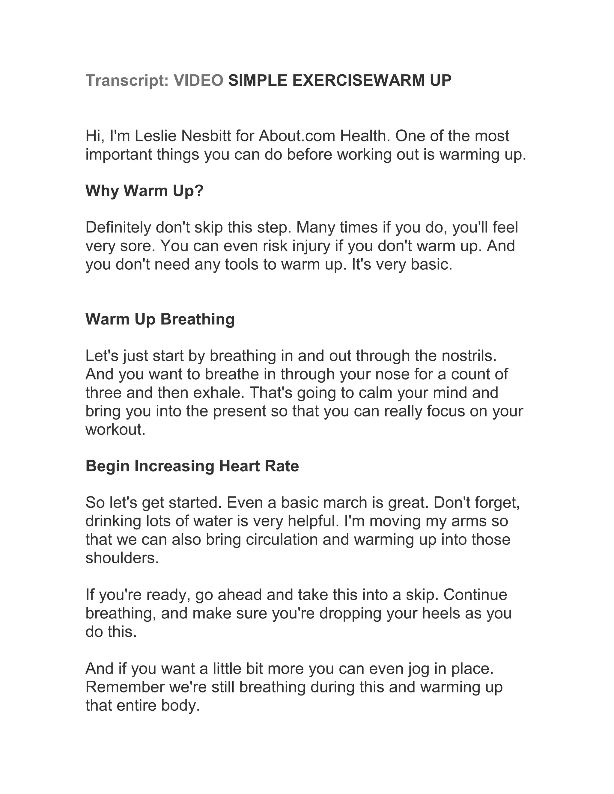 Transcript video simple exercises warm up | DOCX