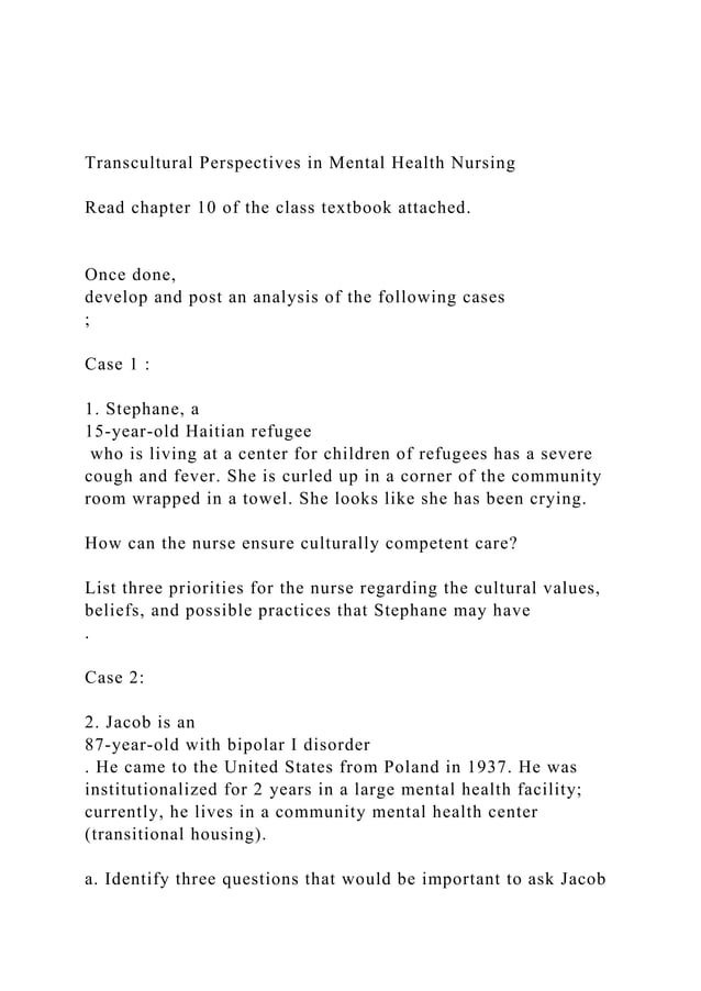 Transcultural Perspectives in Mental Health NursingRead chap | PDF