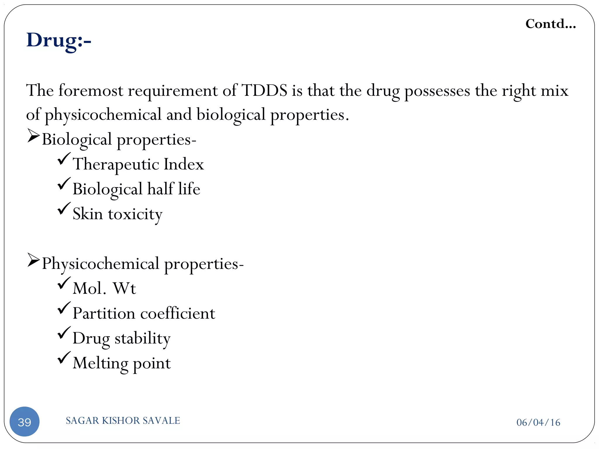 Transdermal Drug Delivery System [TDDS] | PPT