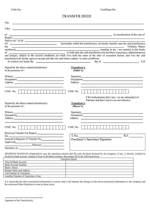 Shares Transfer Deed Form - Karim Virani | PDF