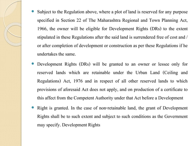 Transfer of development right | PPTX | Developmental Sites | Real Estate