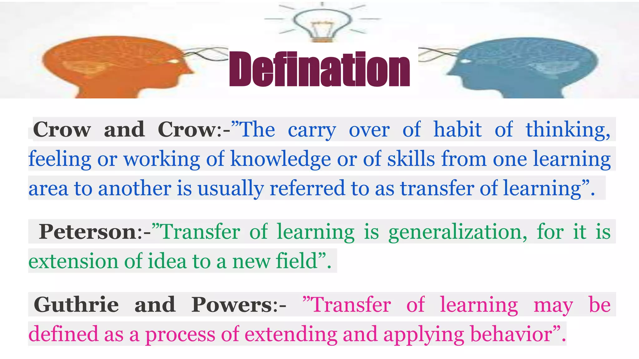 Transfer of learning - – types of transfer – teaching for positive ...
