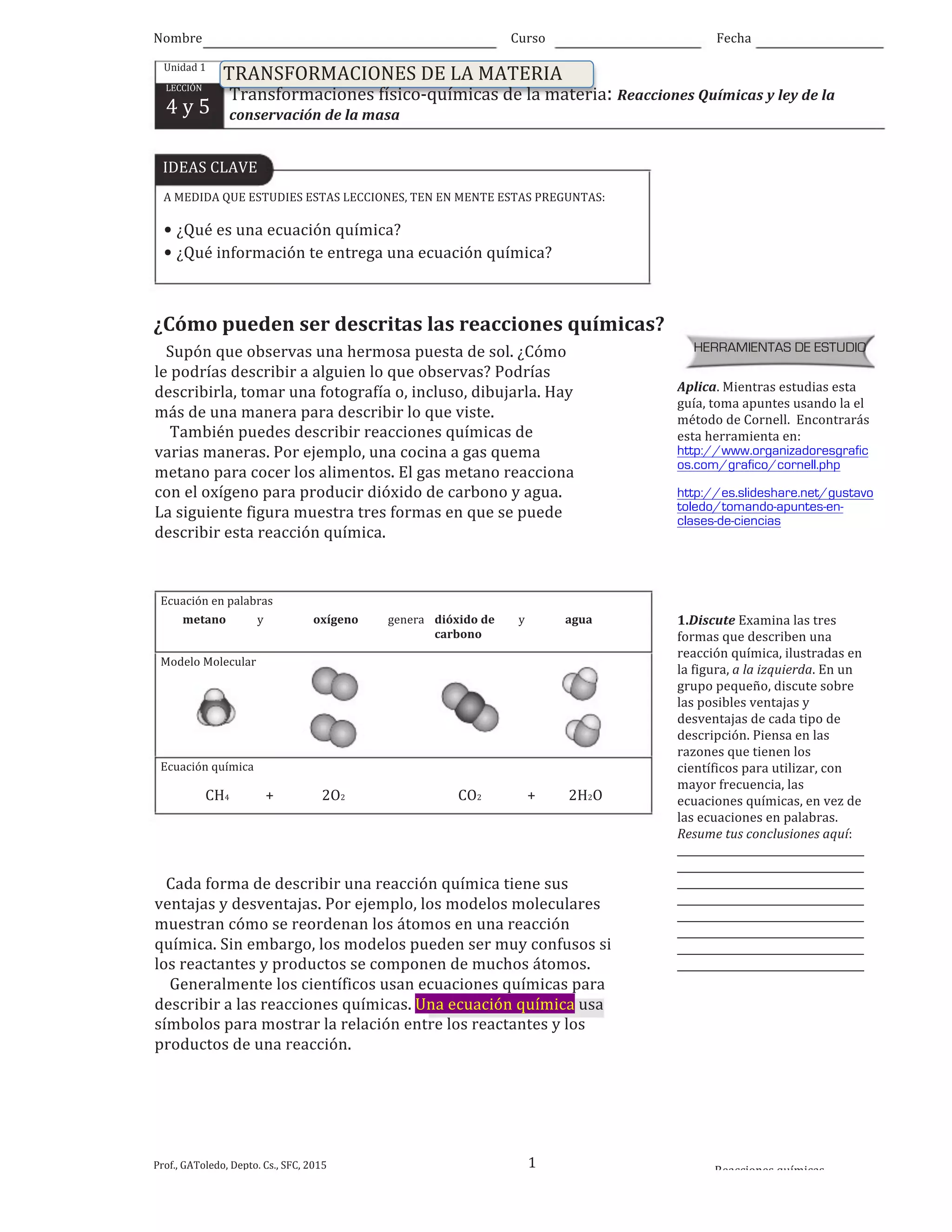 Transformaciones de la materia:reacciones químicas y ley de la ...