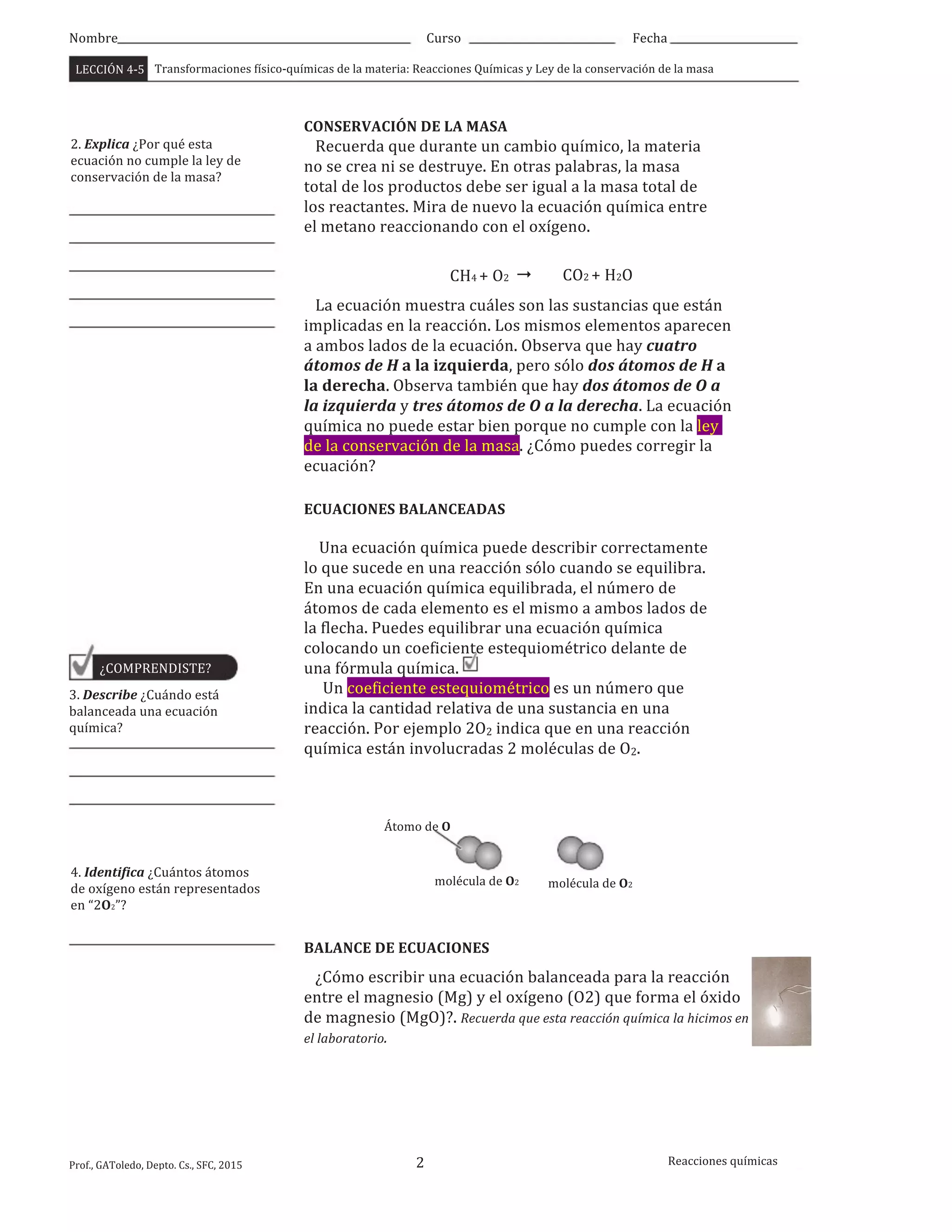 Transformaciones de la materia:reacciones químicas y ley de la ...