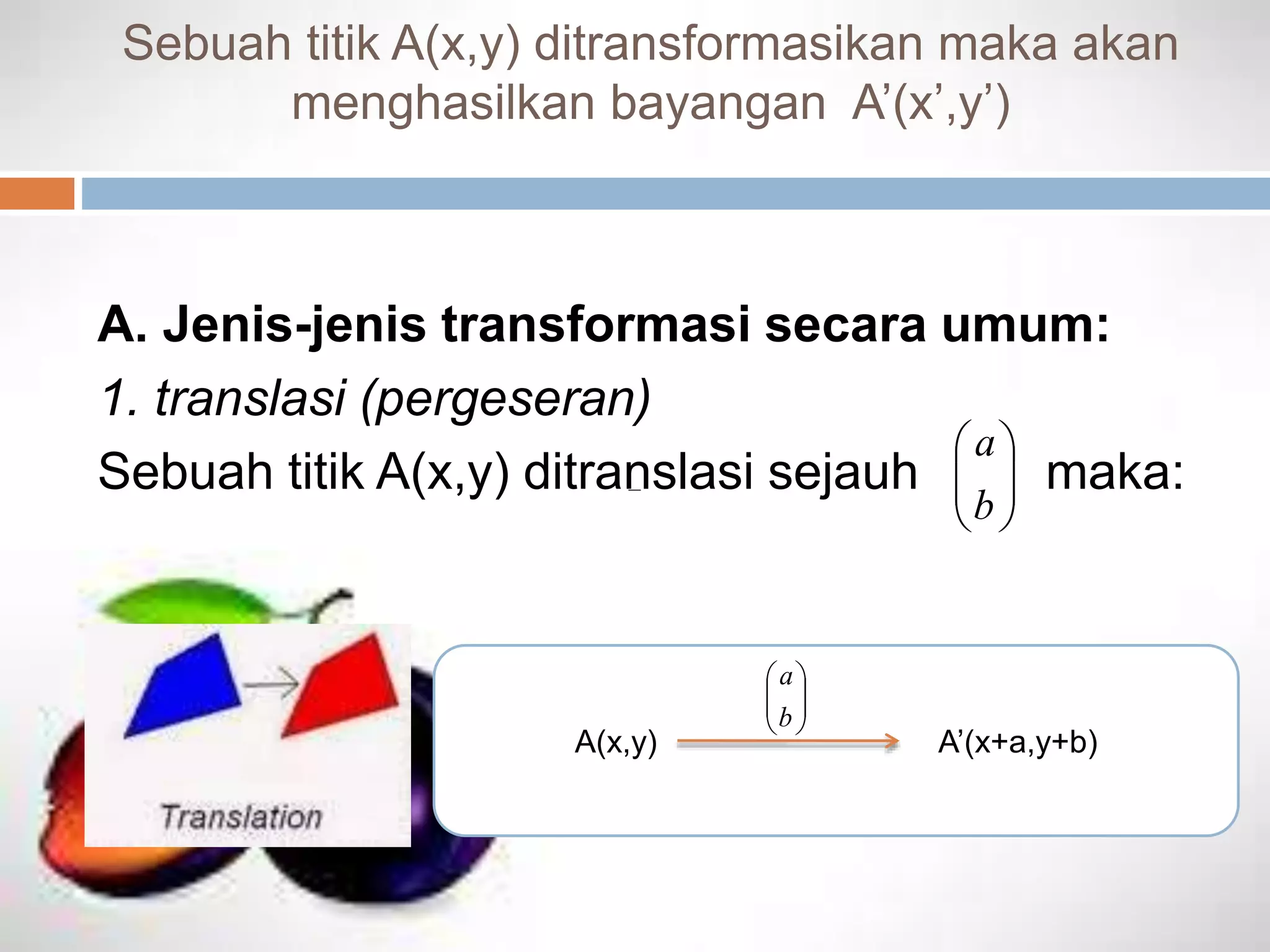 Transformasi geometri MATEMATIKA KELAS 12 SMA lengkap dengan contoh soal dan pembahasannya | PPTX