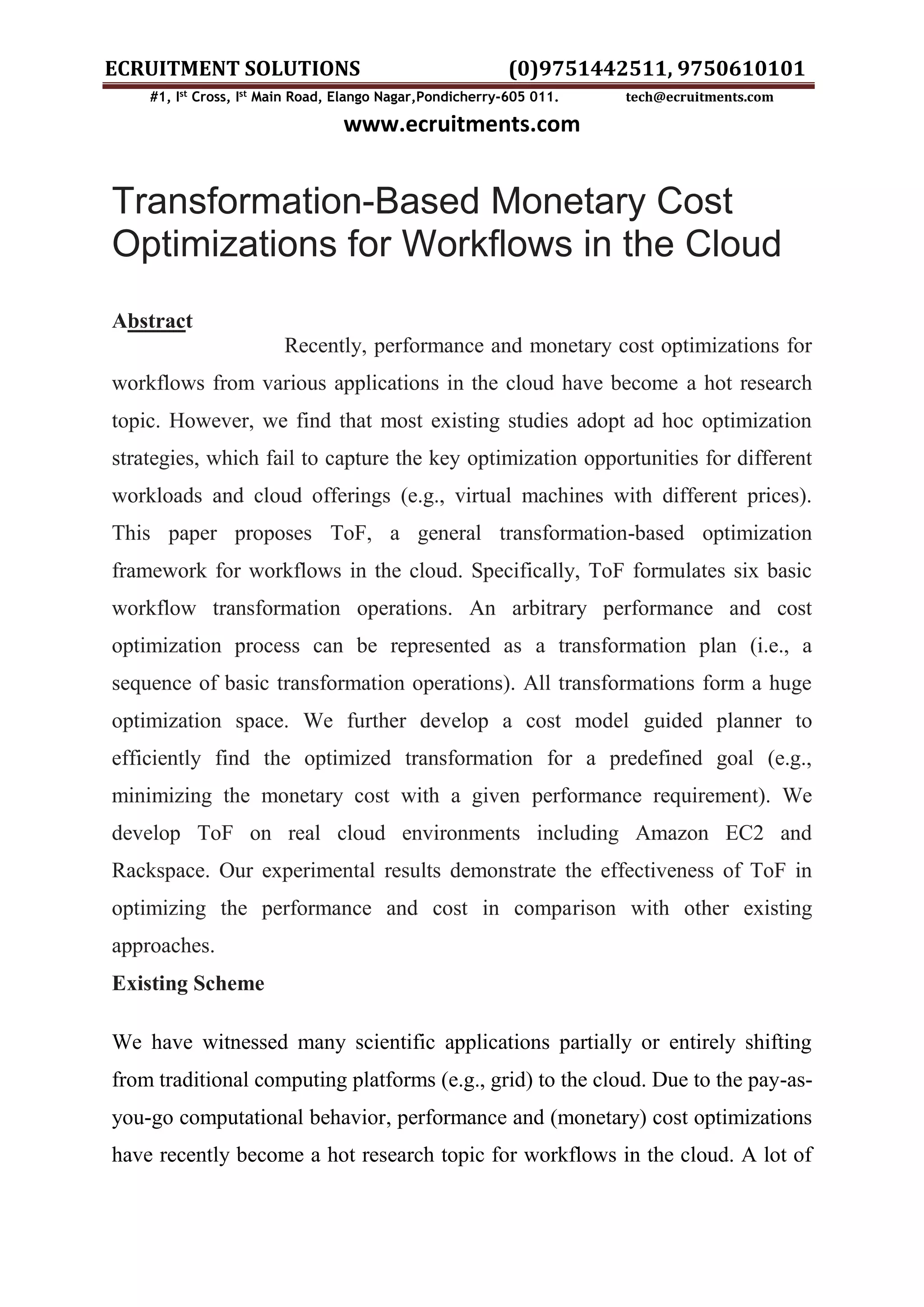 Transformation based monetary cost optimizations for workflows in the cloud | PDF