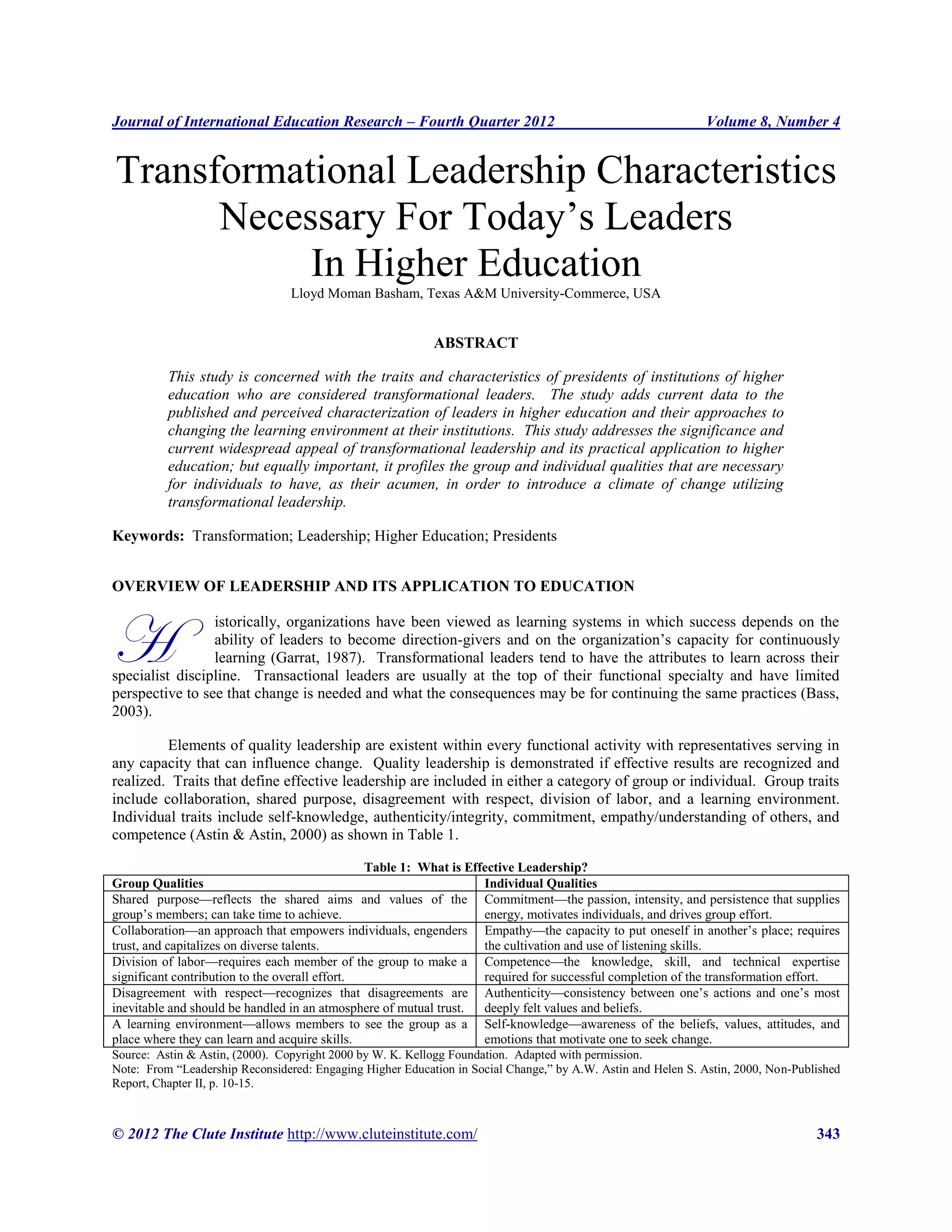 Transformational leadership characteristics necessary for today’s leaders | PDF