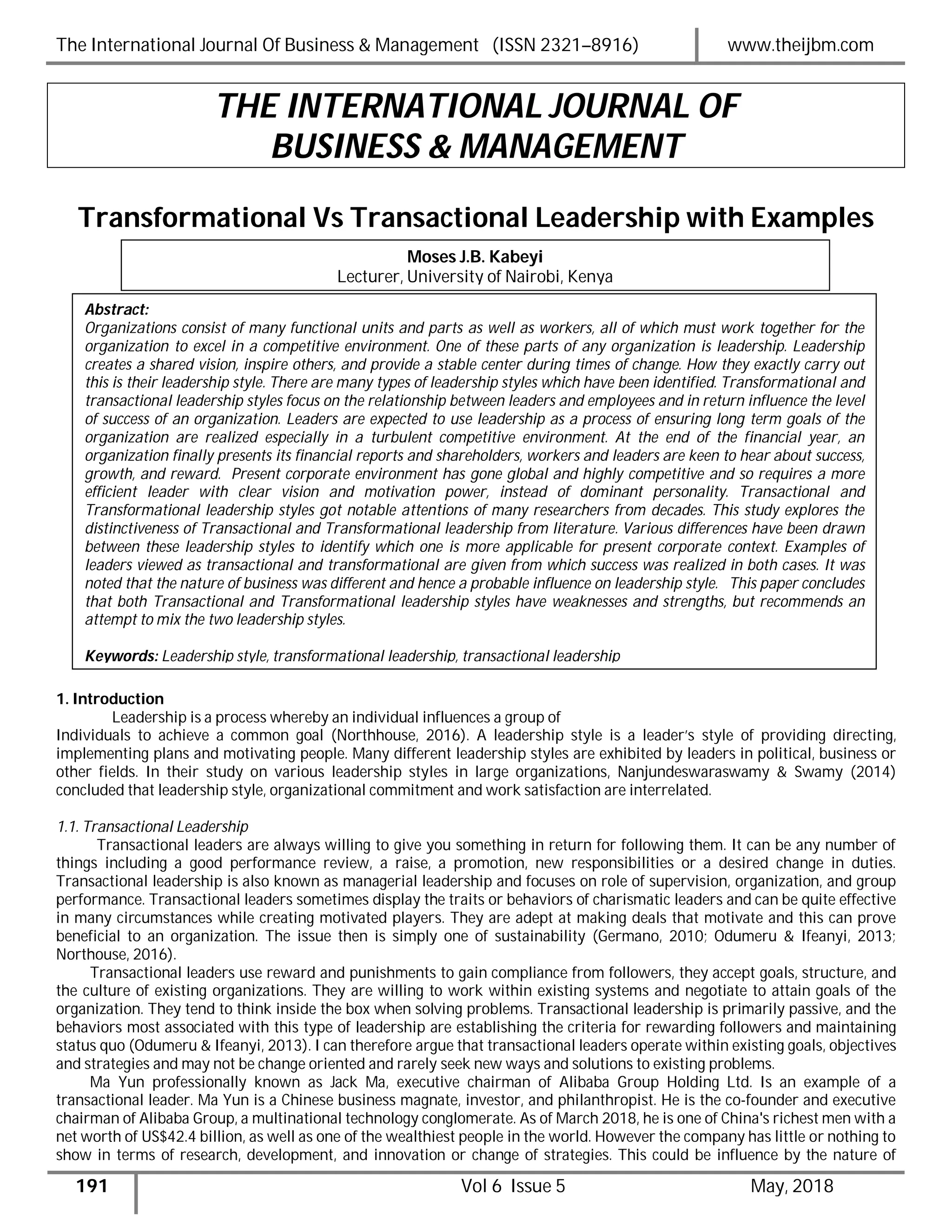 Transformational vs transactional leadership with examples | PDF