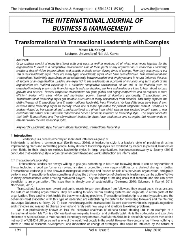 Transformational vs transactional leadership with examples | PDF