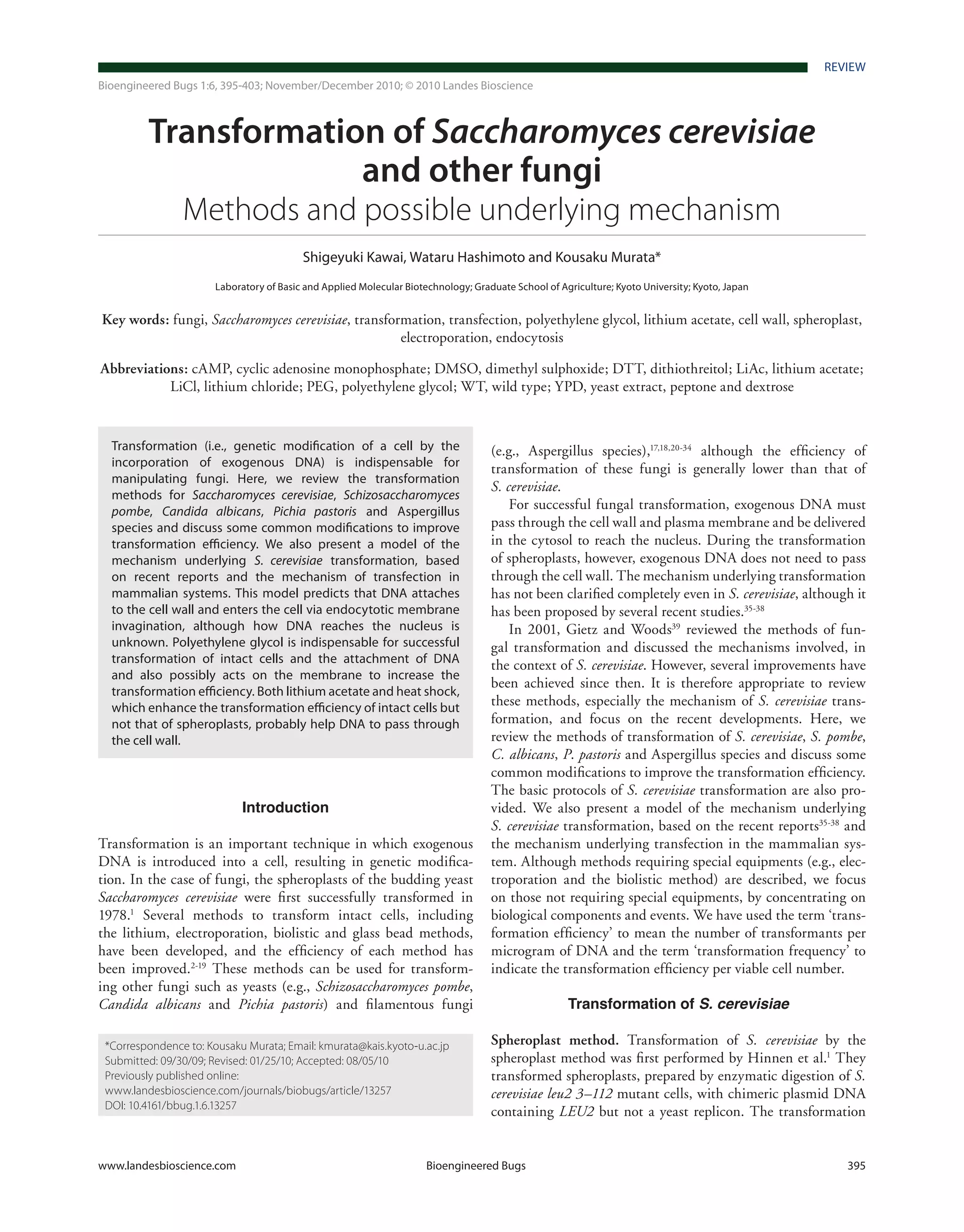 Transformation of saccharomyces cerevisiae and other fungi | PDF
