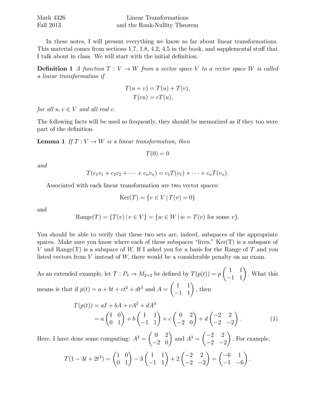 linear transformation and rank nullity theorem | PDF