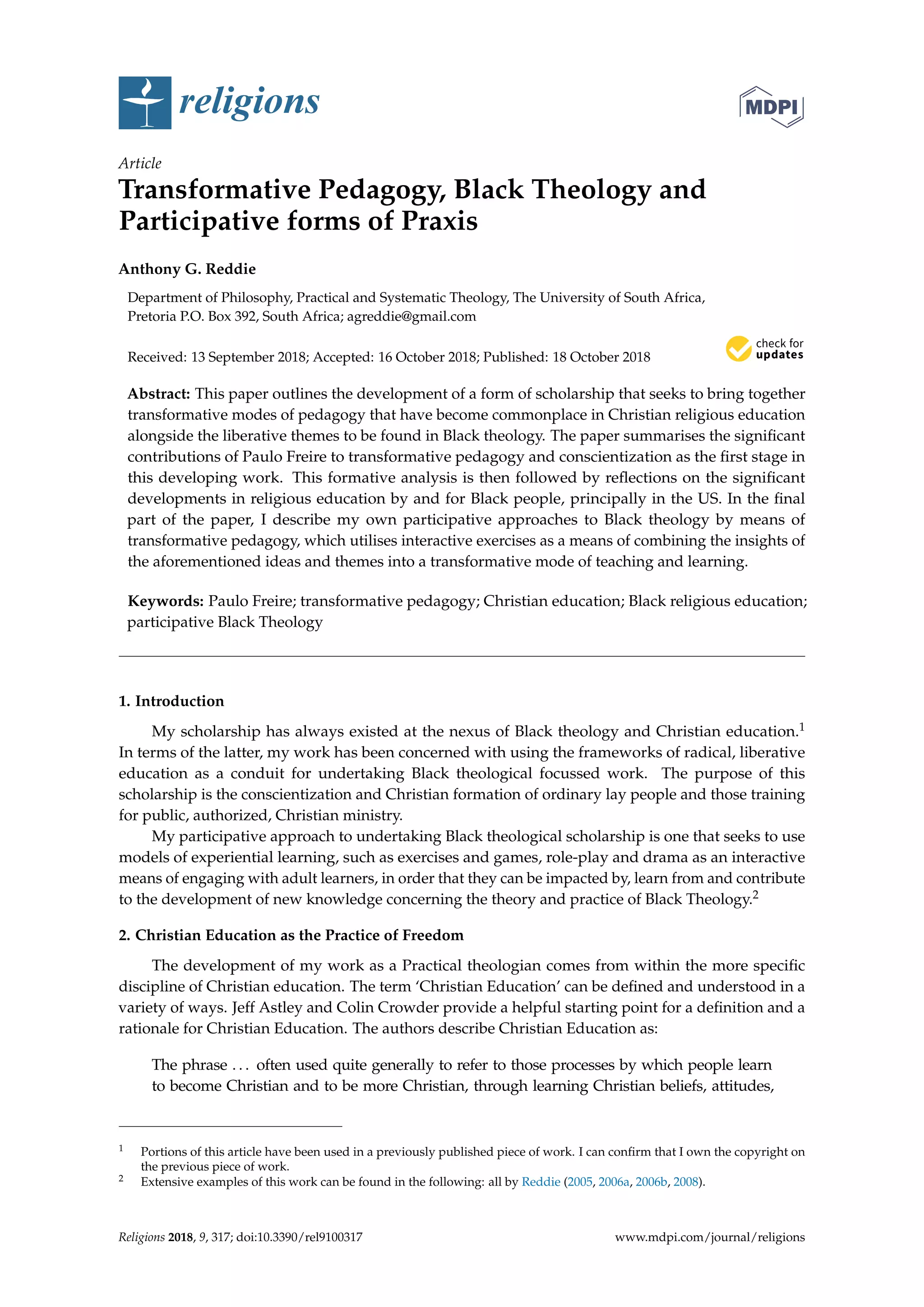Transformative Pedagogy, Black Theology and Participative forms of ...
