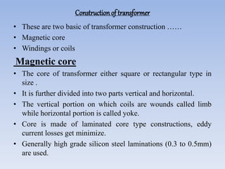 Construction & E.M.F. eqn. of transformer | PPTX