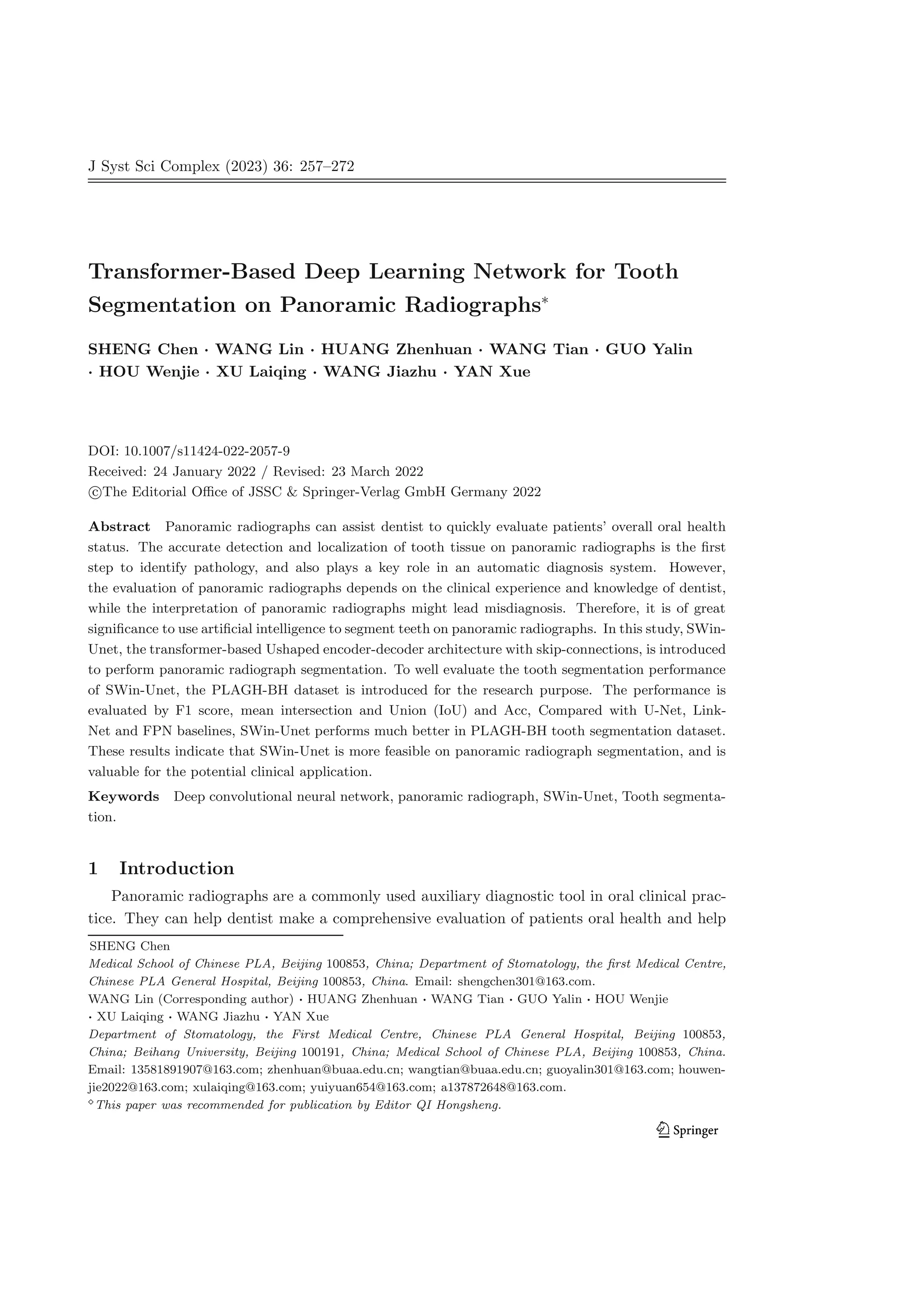 Transformer-Based Deep Learning Network for Tooth Segmentation on ...