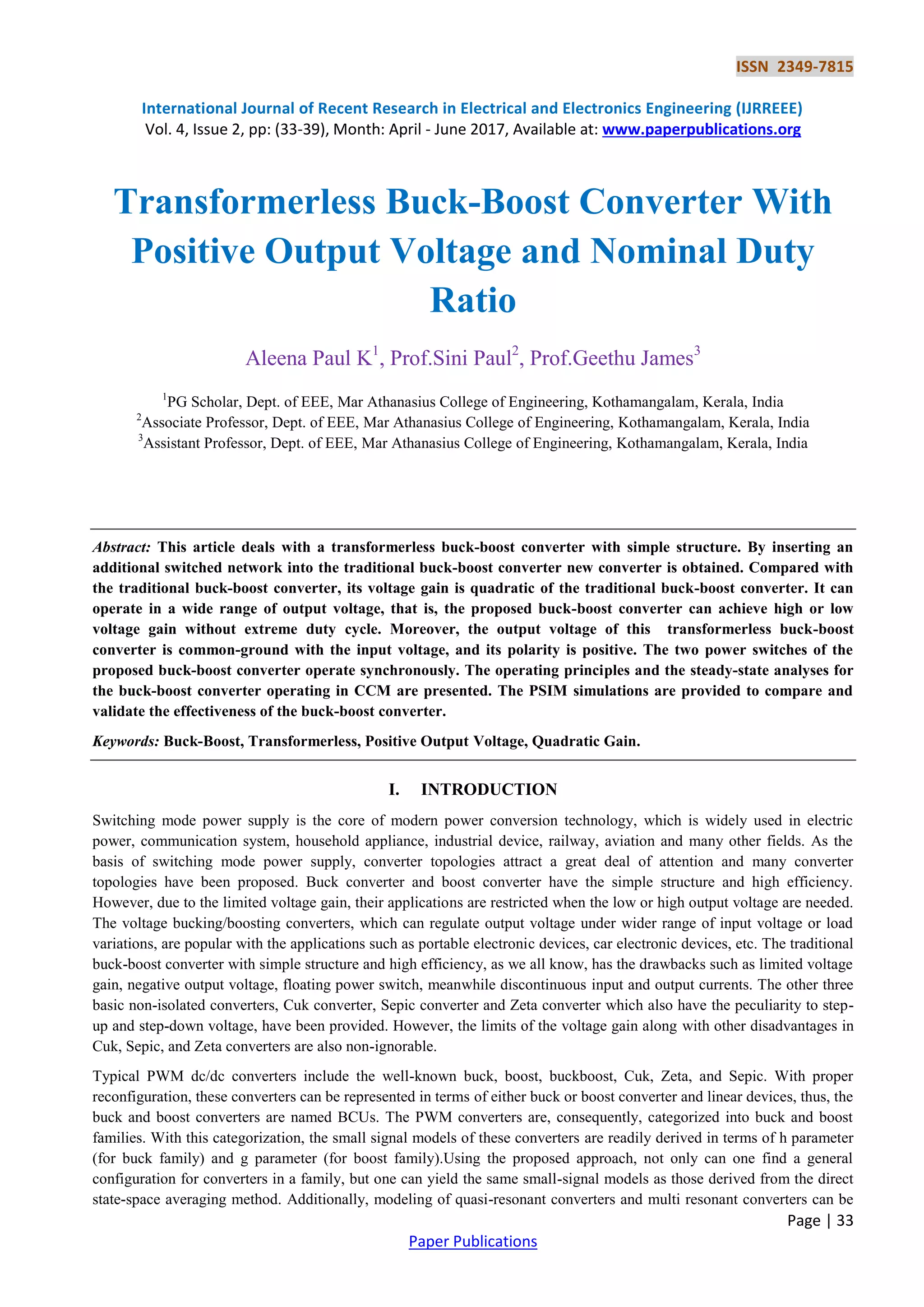 Transformerless Buck-Boost Converter With Positive Output Voltage and Nominal Duty Ratio | PDF