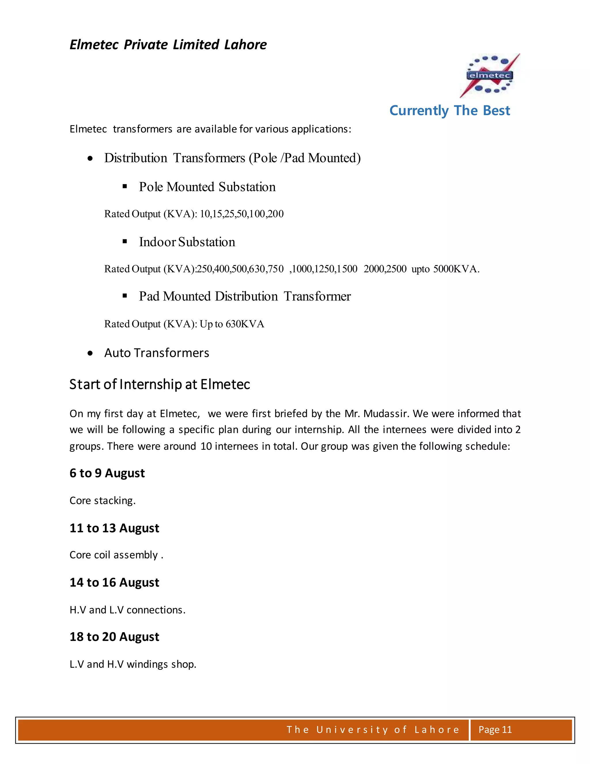 Transformer manufacturing and Internship Report | DOCX