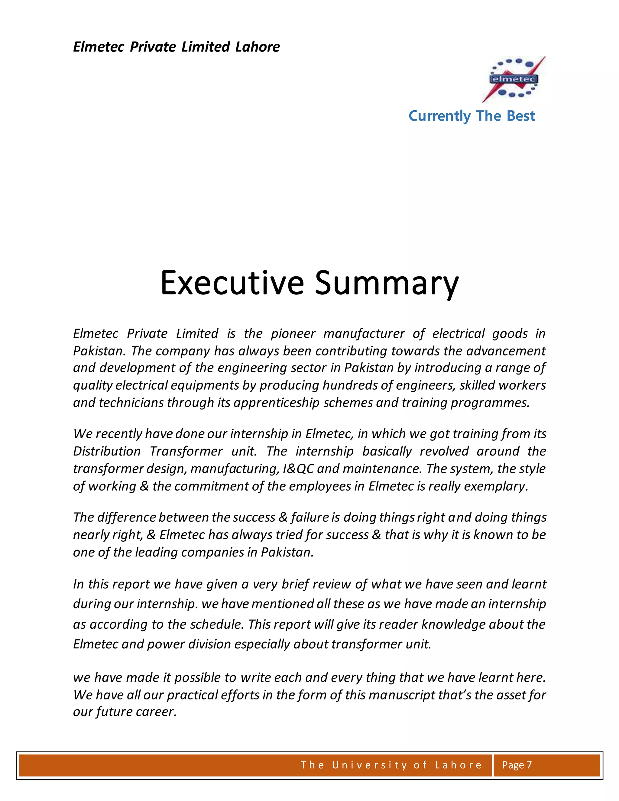 Transformer manufacturing and Internship Report | DOCX