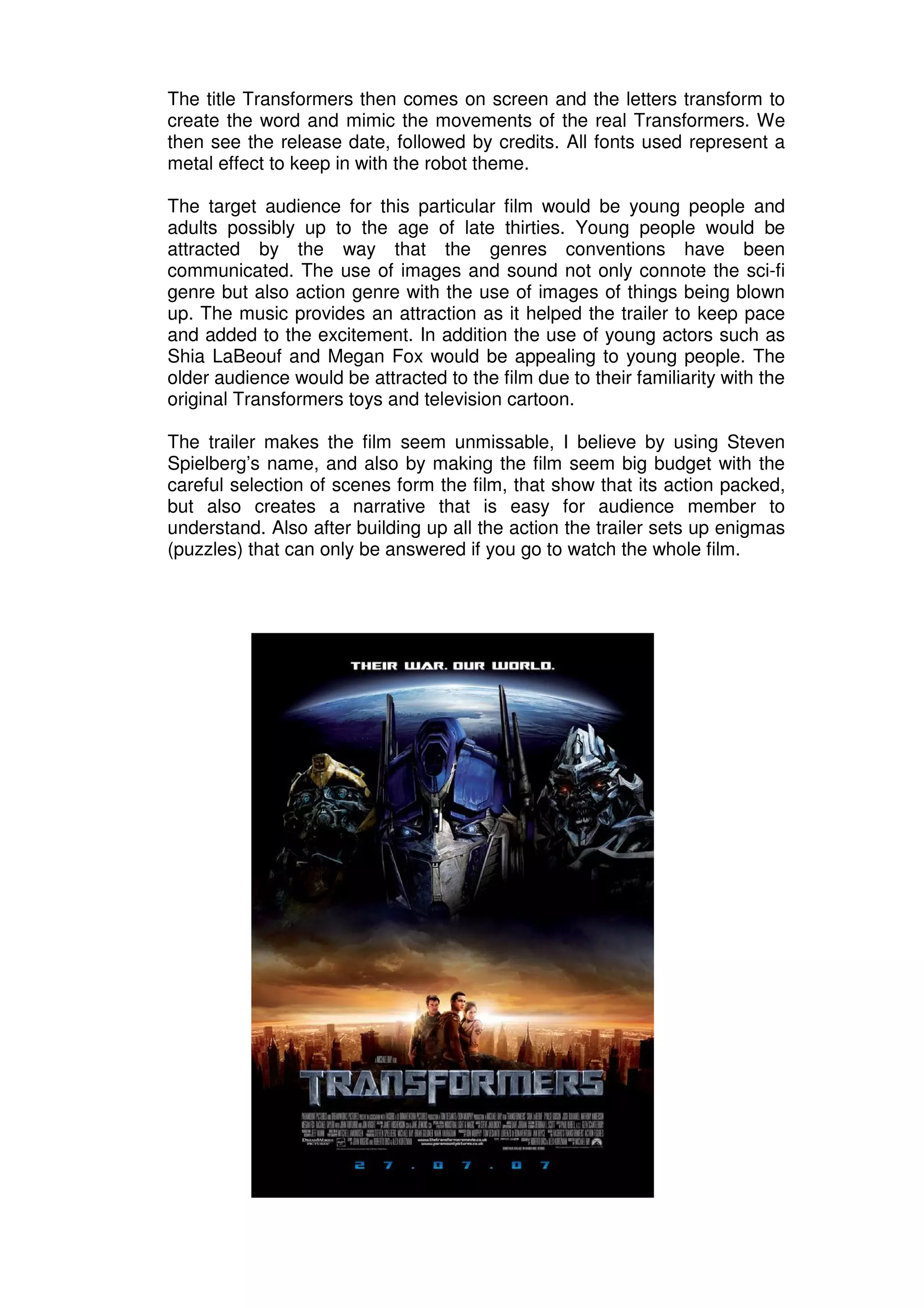 Transformers Trailer Analysis | PDF | Soundtracks, TV and Showtunes | Music