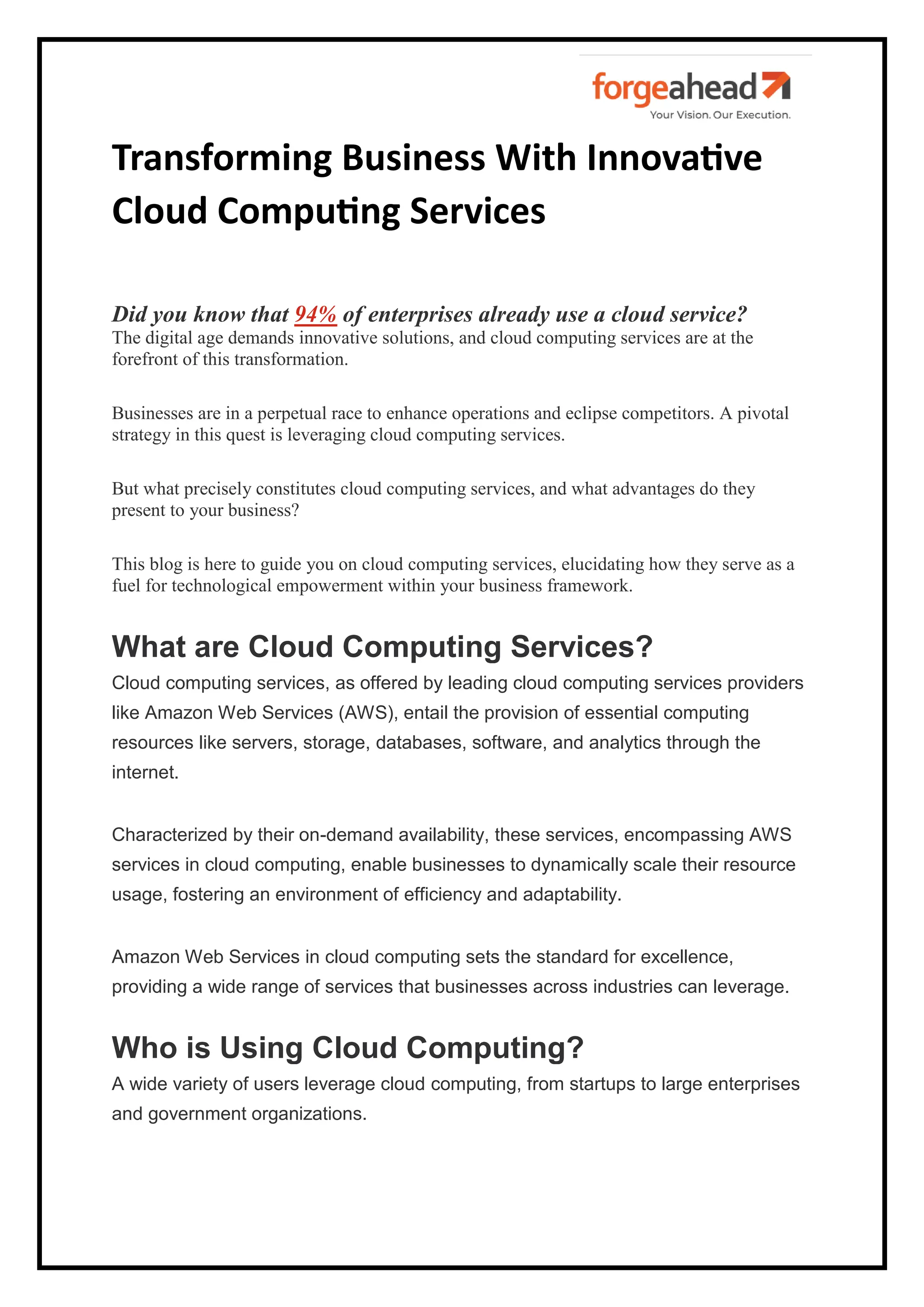 Transforming Business With Innovative Cloud Computing Services | PDF