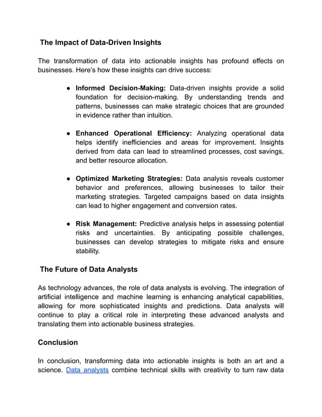 Transforming Data into Actionable Insights: The Art of the Data Analyst | PDF