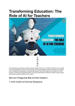 Transforming Education: The Role of AI for Teachers | PDF