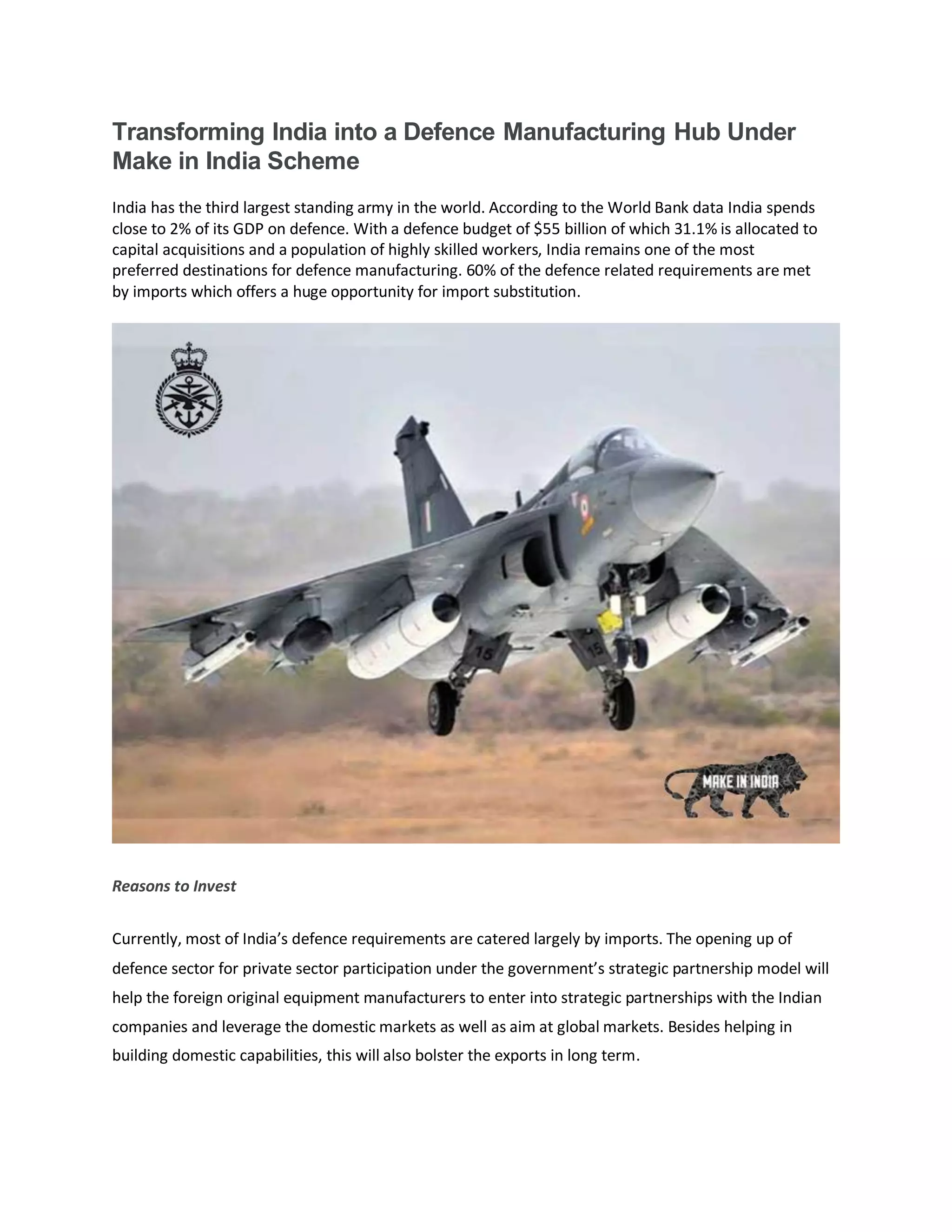 Transforming india into a defence manufacturing hub under make in india ...