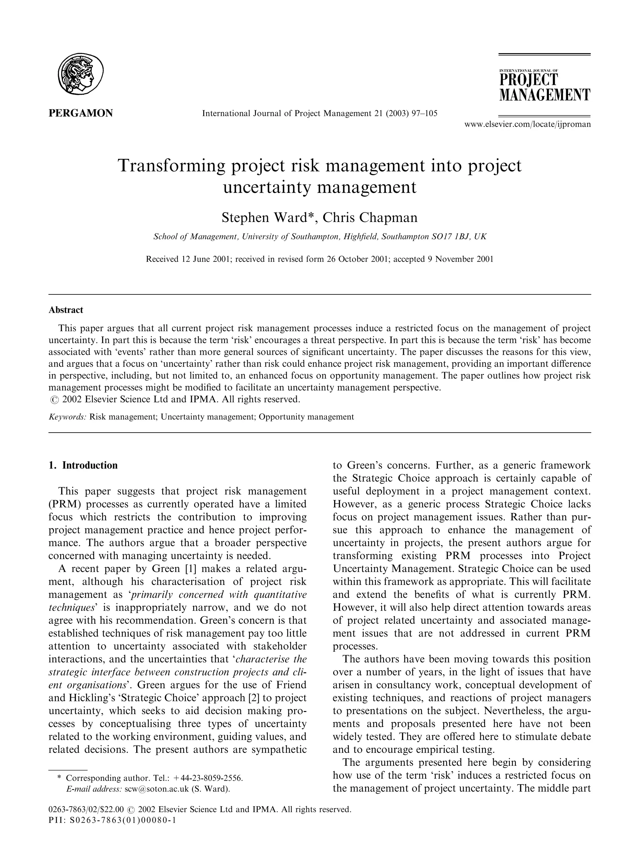 Transforming project risk management into project uncertainty ...