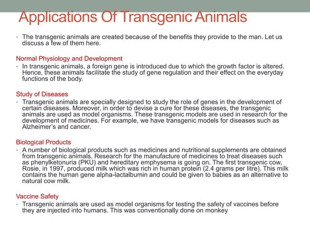 Transgenesis methods and applications | PPTX | Biological Sciences | Science