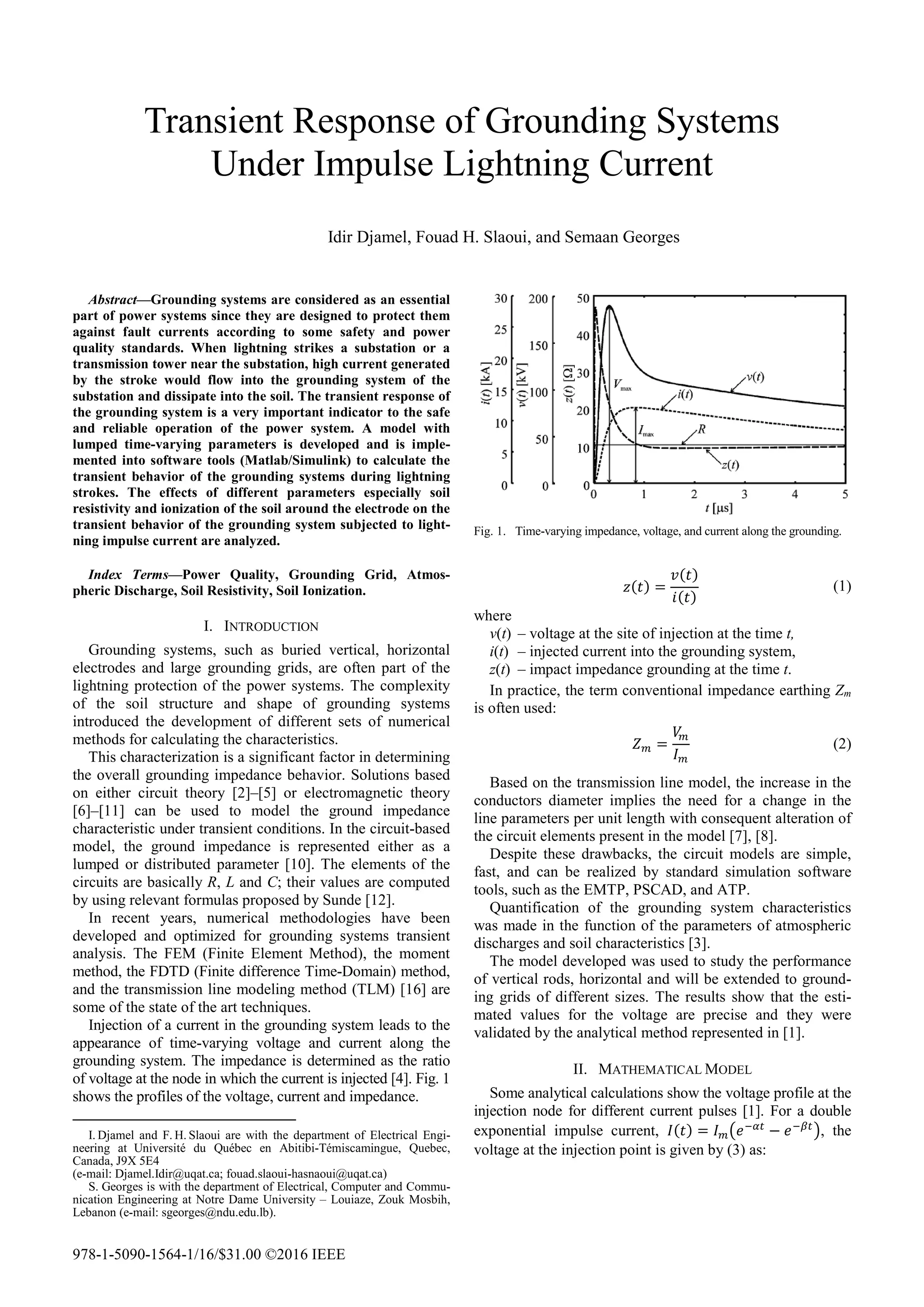 Transient response of grounding systems under impulse lightning current | PDF