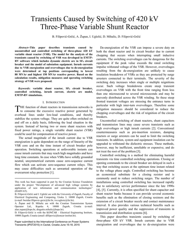 Transients Caused by Switching of 420 kV Three-Phase Variable Shunt Reactor | PDF