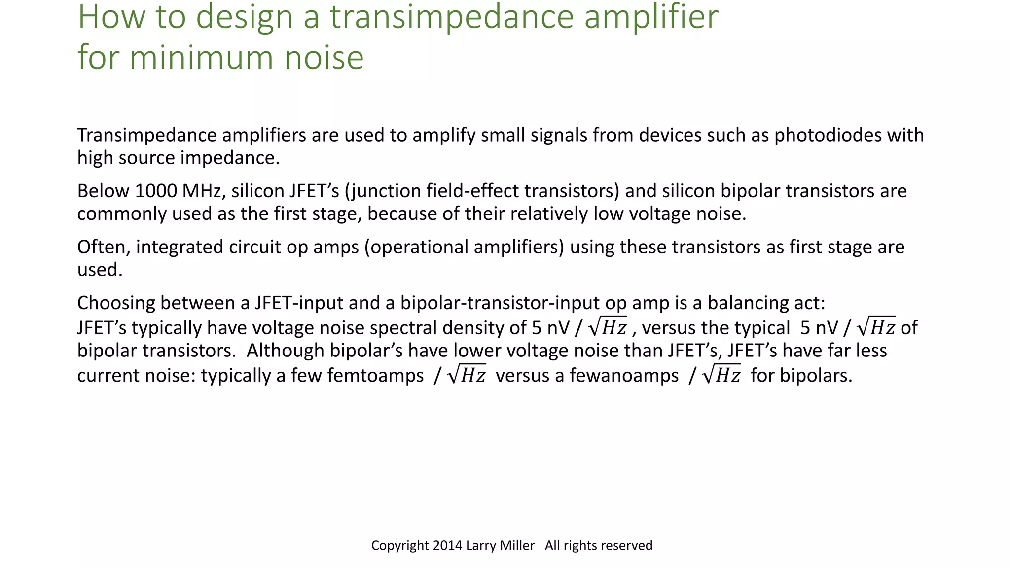 How to design a noise-optimized transimpedance amplifier (photodetector, photodiode) amplifier ...