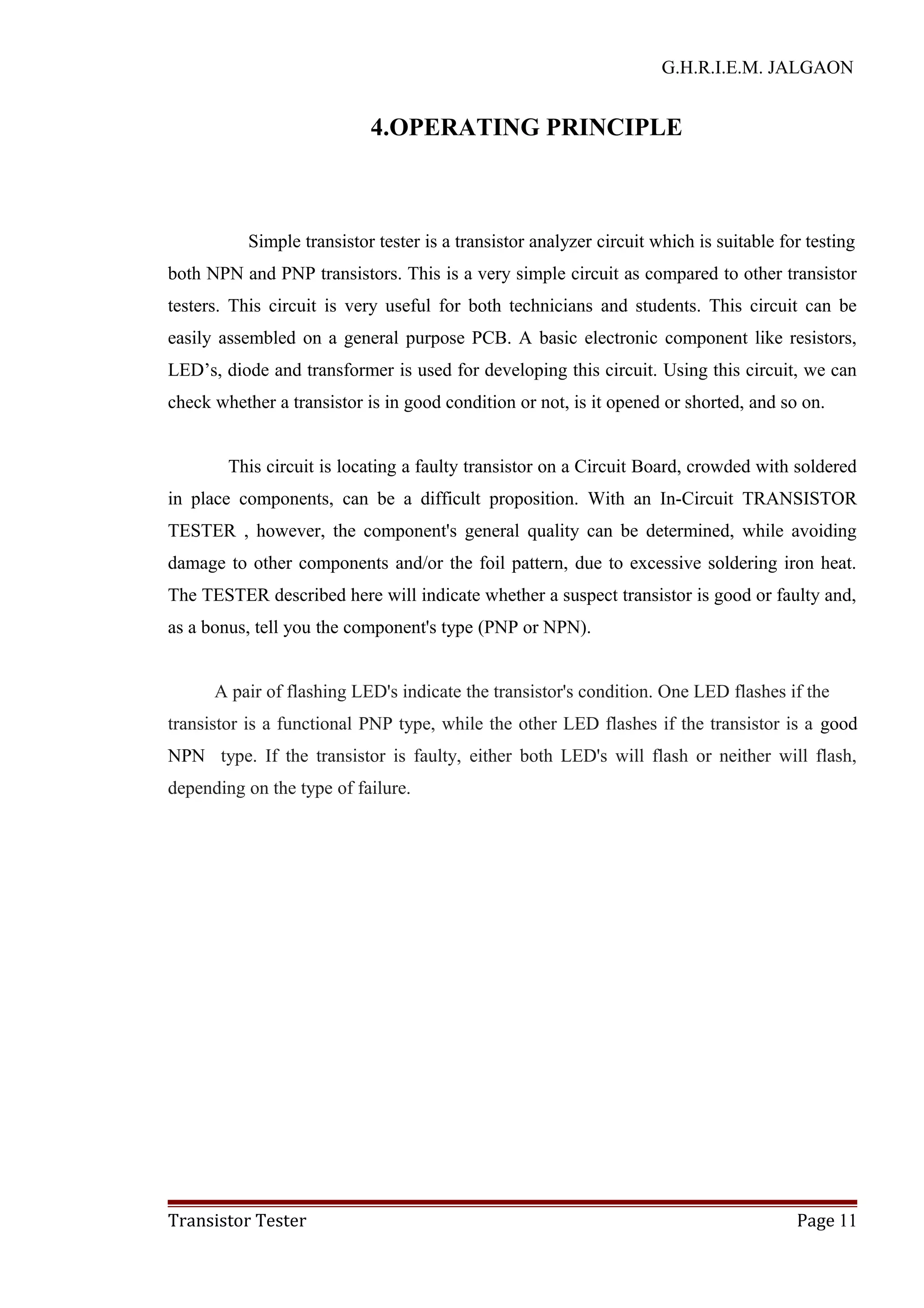 Transister Tester Project Report with Circuit Diagram | DOC